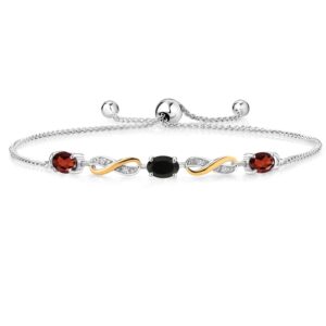 gem stone king 925 sterling silver and 10k yellow gold red garnet black onyx and white lab grown diamond adjustable infinity bracelet for women | 1.57 cttw | fully adjustable up to 9 inch