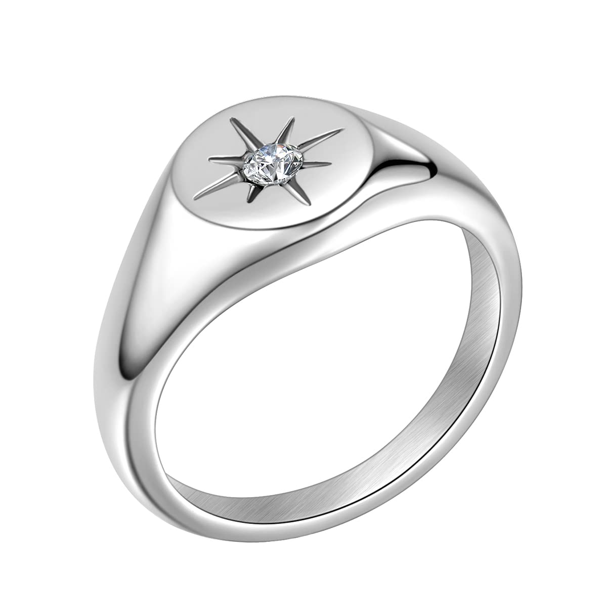 Confede Starburst Ring for Women Girls Stainelss Steel Sturdy North Star CZ Ring Stacking Jewelry Birthday Gift Size 7