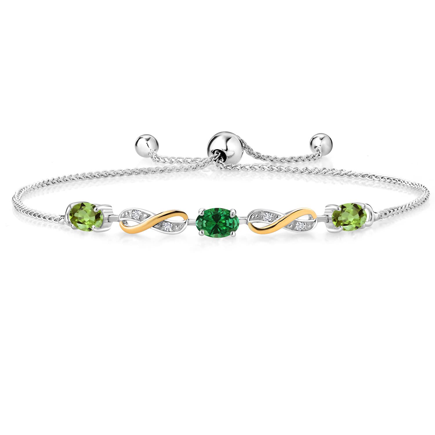 Gem Stone King 1.38 Ct Green Peridot Green Created Emerald 925 Silver and 10K Yellow Gold Lab Grown Diamond Adjustable Infinity Bracelet For Women Mother's Mom Wife Her