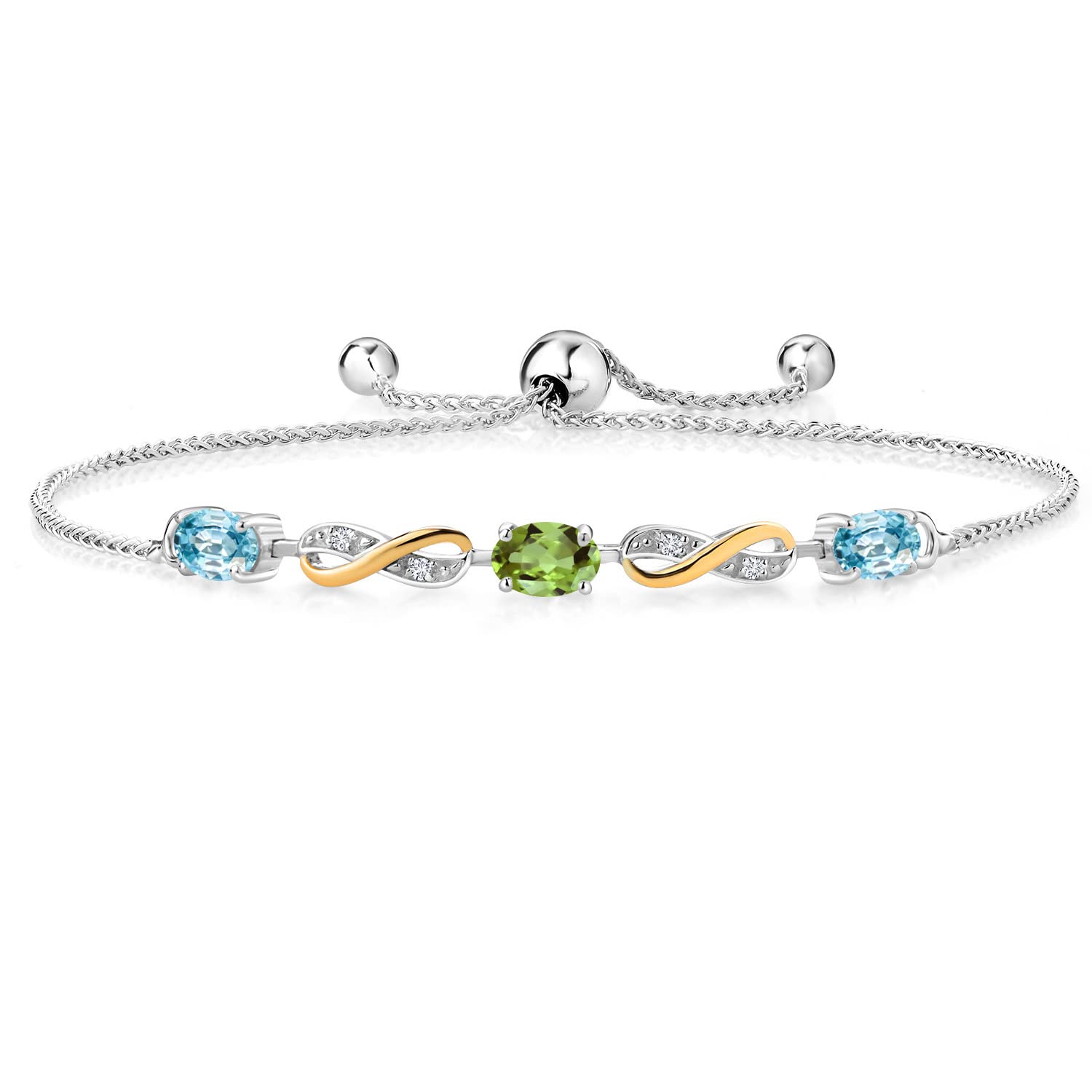 Gem Stone King 925 Silver and 10K Yellow Gold Oval Blue Zircon Green Peridot and White Lab Grown Diamond Infinity Bracelet For Women Mother's Mom Wife Her (1.83 Cttw, Fully Adjustable Up to 9 Inch)