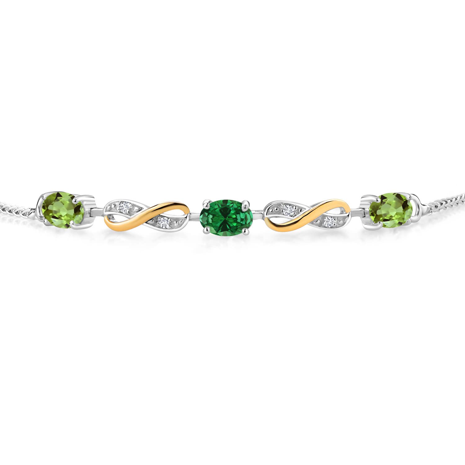 Gem Stone King 1.38 Ct Green Peridot Green Created Emerald 925 Silver and 10K Yellow Gold Lab Grown Diamond Adjustable Infinity Bracelet For Women Mother's Mom Wife Her