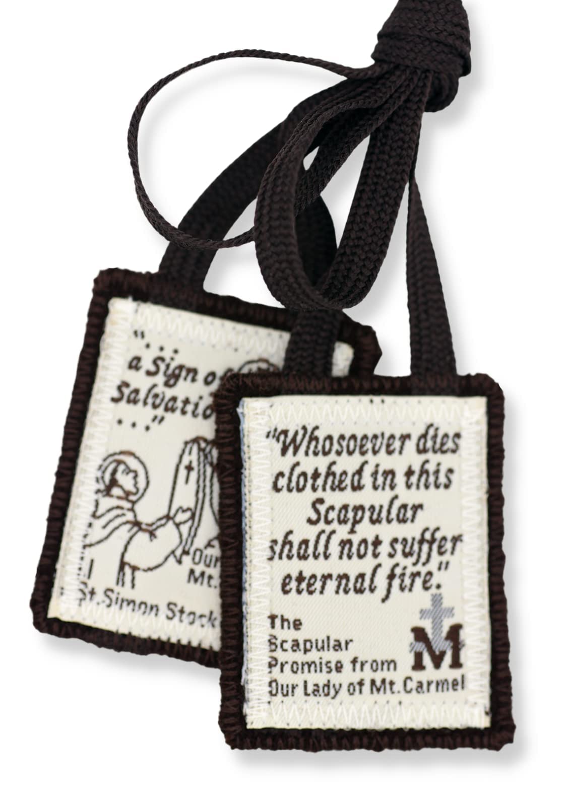 Pack of 2 - Scapulars Catholic Necklace (Traditional Brown Wool, Double Stitched) Our Lady Of Mount Carmel and Saint Simon Stock - Made in the USA