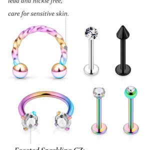 Vsnnsns 16G Lip Rings Stainless Steel Horseshoe Labret Monroe Lip Rings Nail Cartilage Tragus Helix Earrings Studs Septum Ring Medusa Piercing Jewelry Retainer for Women Men Black Rainbow 8mm