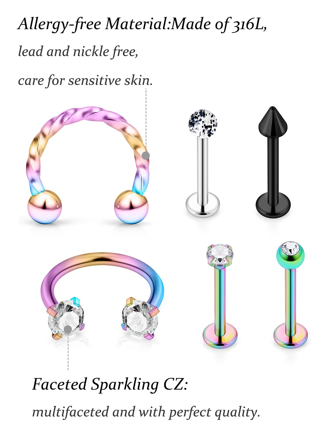 Vsnnsns 16G Lip Rings Stainless Steel Horseshoe Labret Monroe Lip Rings Nail Cartilage Tragus Helix Earrings Studs Septum Ring Medusa Piercing Jewelry Retainer for Women Men Black Rainbow 8mm