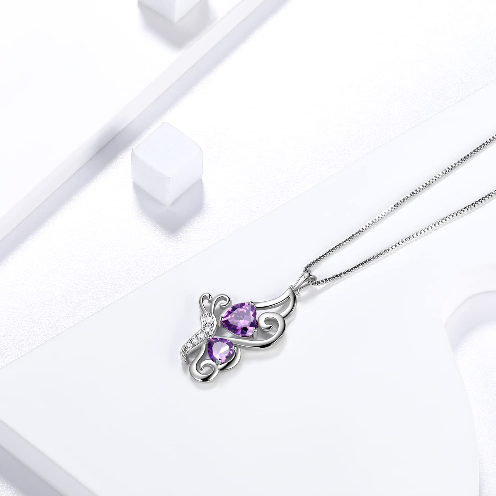 Purple Butterfly Heart Necklace Women 925 Sterling Silver Animal Butterflies February Created Amethyst Birthstone Amethyst Pendant Crystal Wedding Birthday Jewelry DP0307F