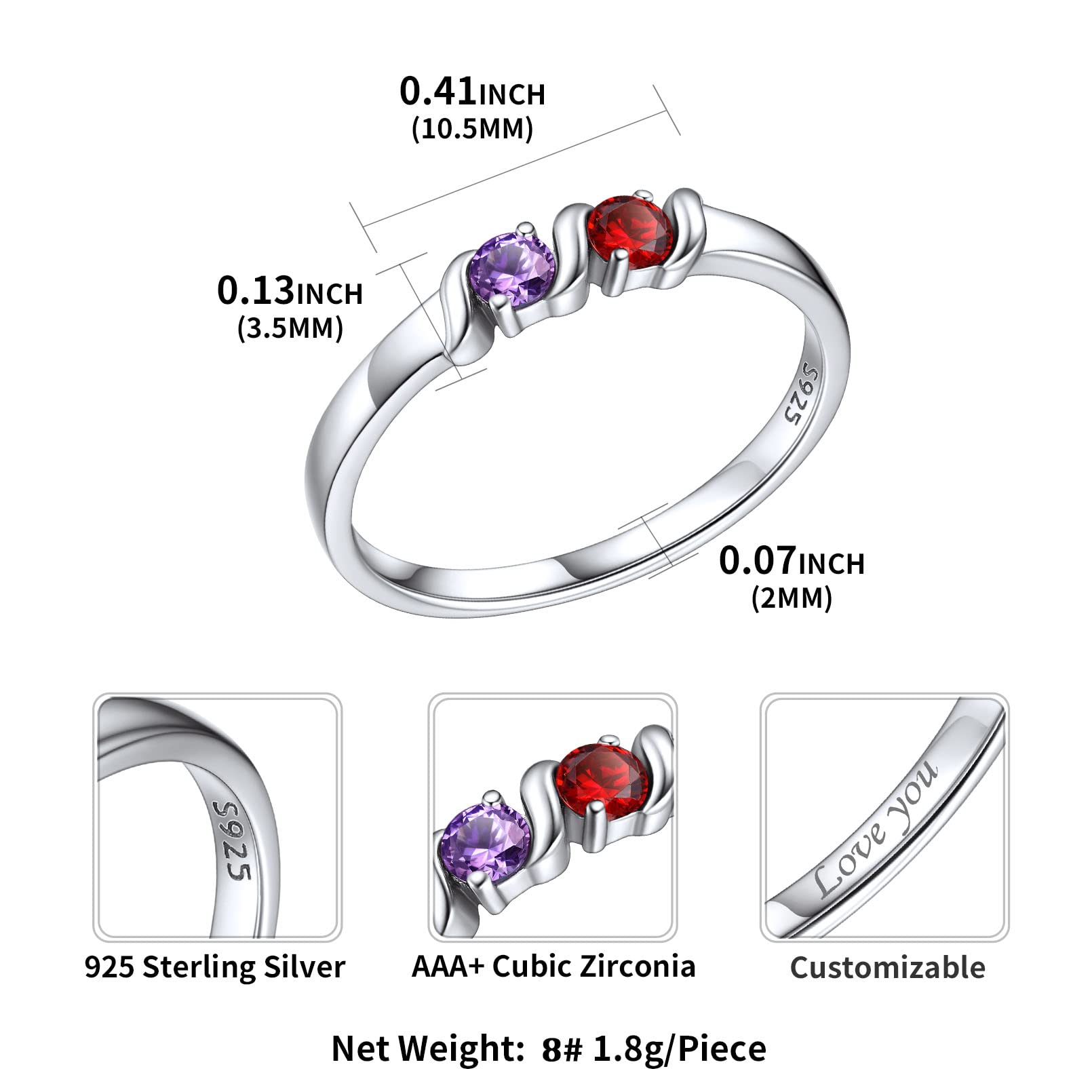 ChicSilver Mothers Ring 2 Birthstones Simulated Birthstone Rings for Women Custom Mothers Ring 2 Birthstones 2 Names Engraved Promise Rings for Her Mother (Size 7)