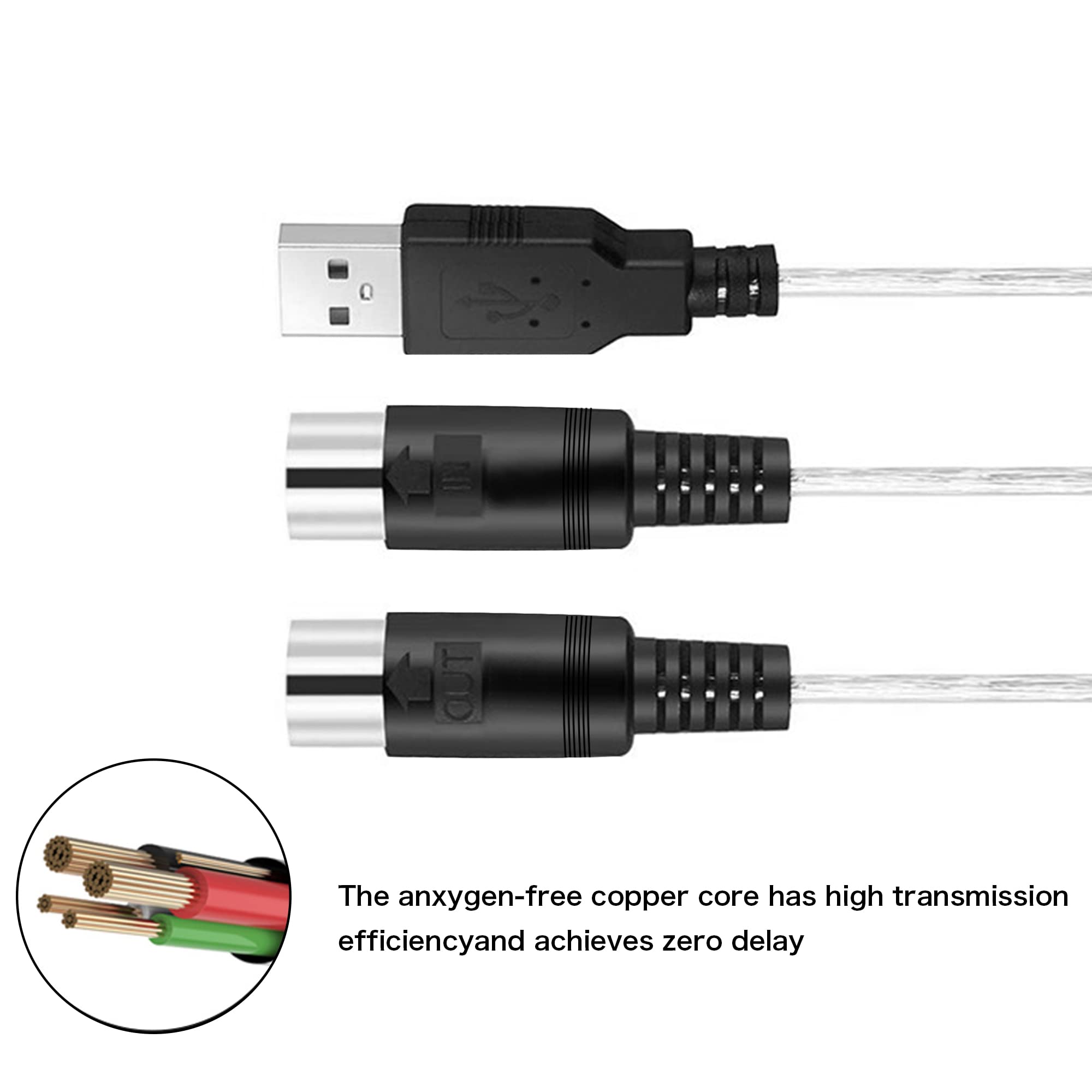 QIANRENON 5 Pin MIDI Music Editing Cable 1 in 1 Out MIDI to USB Adapter Cable for Piano Keyboard to PC/Mac/Laptop Silver 2m