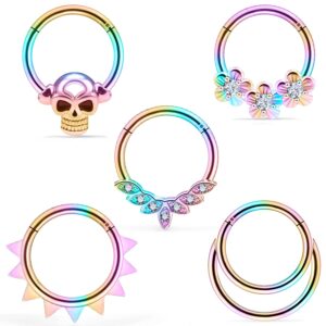 vsnnsns 16g septum rings piercing jewelry skull septum jewelry cz clicker ring stainless steel flower septum hinged segment nose rings hoop piercing jewelry for men women 10mm 5pcs rainbow