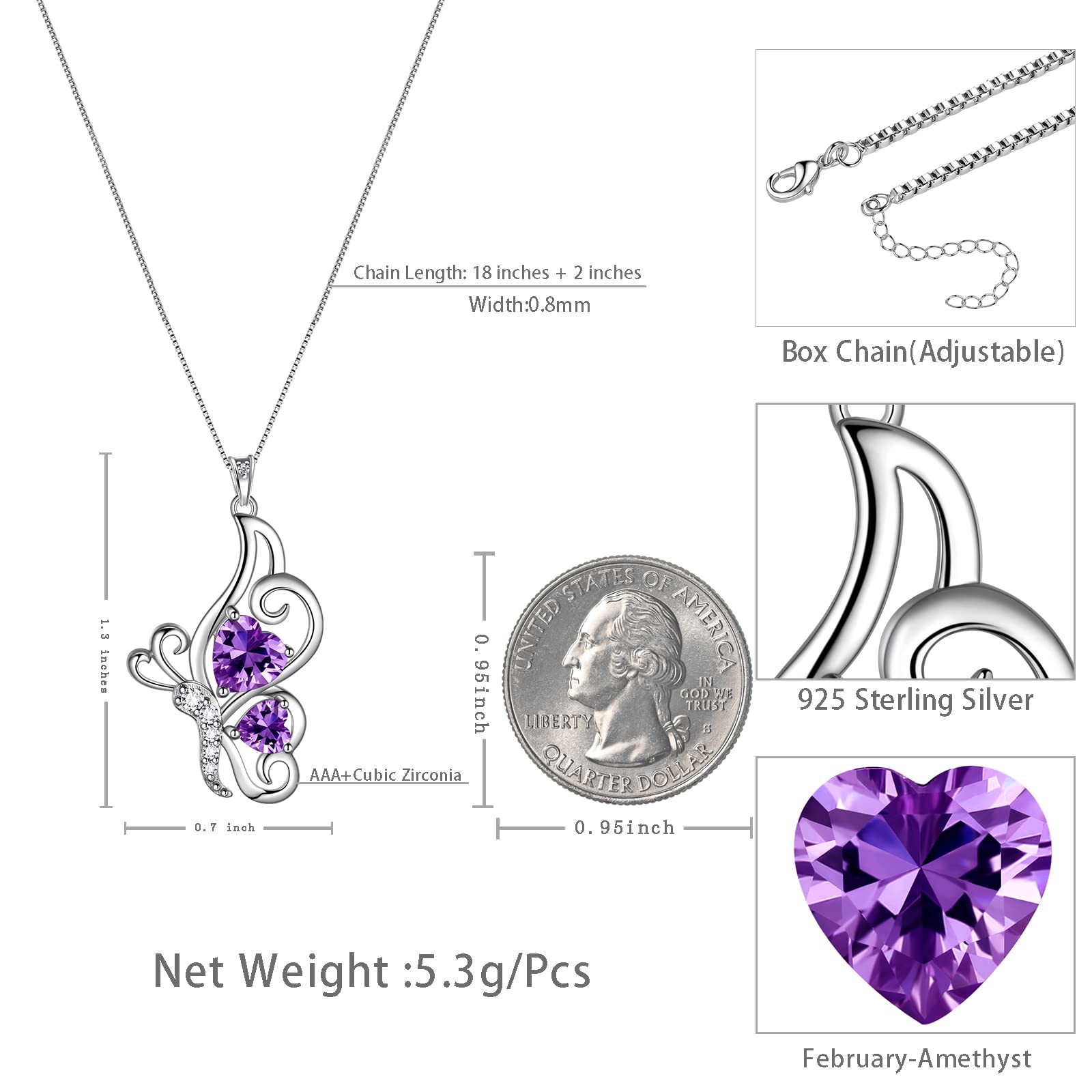 Purple Butterfly Heart Necklace Women 925 Sterling Silver Animal Butterflies February Created Amethyst Birthstone Amethyst Pendant Crystal Wedding Birthday Jewelry DP0307F