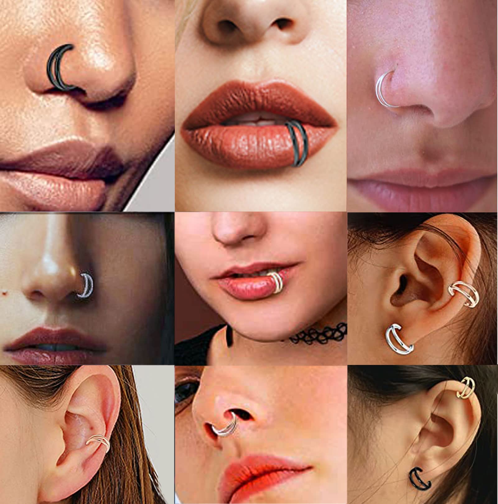 16g Nose Rings Hoops Double Septum Rings Clicker Cartilage Hoop Earring Surgical Steel Nose piercing Hoop Open Stacked Hoop Nose Rings for Women and Men, 8MM, Stainless Steel, no gemstone