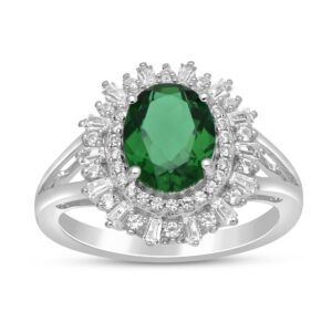 jewelili sterling silver 9x7 mm oval cut simulated emerald and tapper baguette and round created white sapphire halo engagement ring, size 7