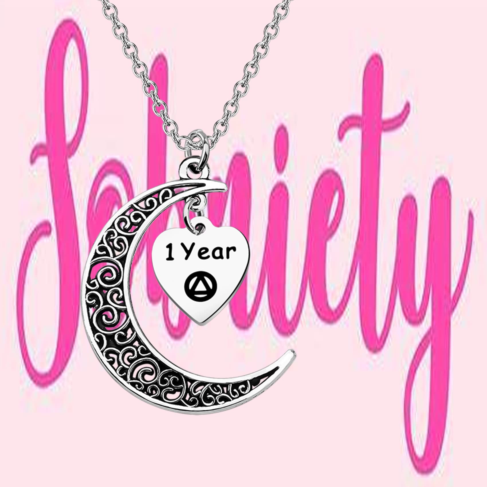 BEKECH AA Sobriety Anniversary Necklace 6 Month 1 Year 2 Year 3 Year Alcohol Addiction Recovery Gift for Stay Sober Warrior Sponser Men Women (silver 1 year)