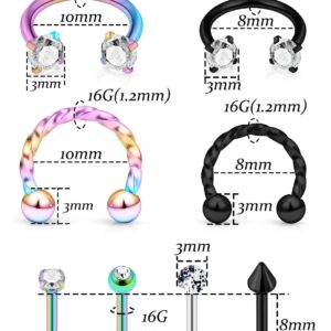 Vsnnsns 16G Lip Rings Stainless Steel Horseshoe Labret Monroe Lip Rings Nail Cartilage Tragus Helix Earrings Studs Septum Ring Medusa Piercing Jewelry Retainer for Women Men Black Rainbow 8mm