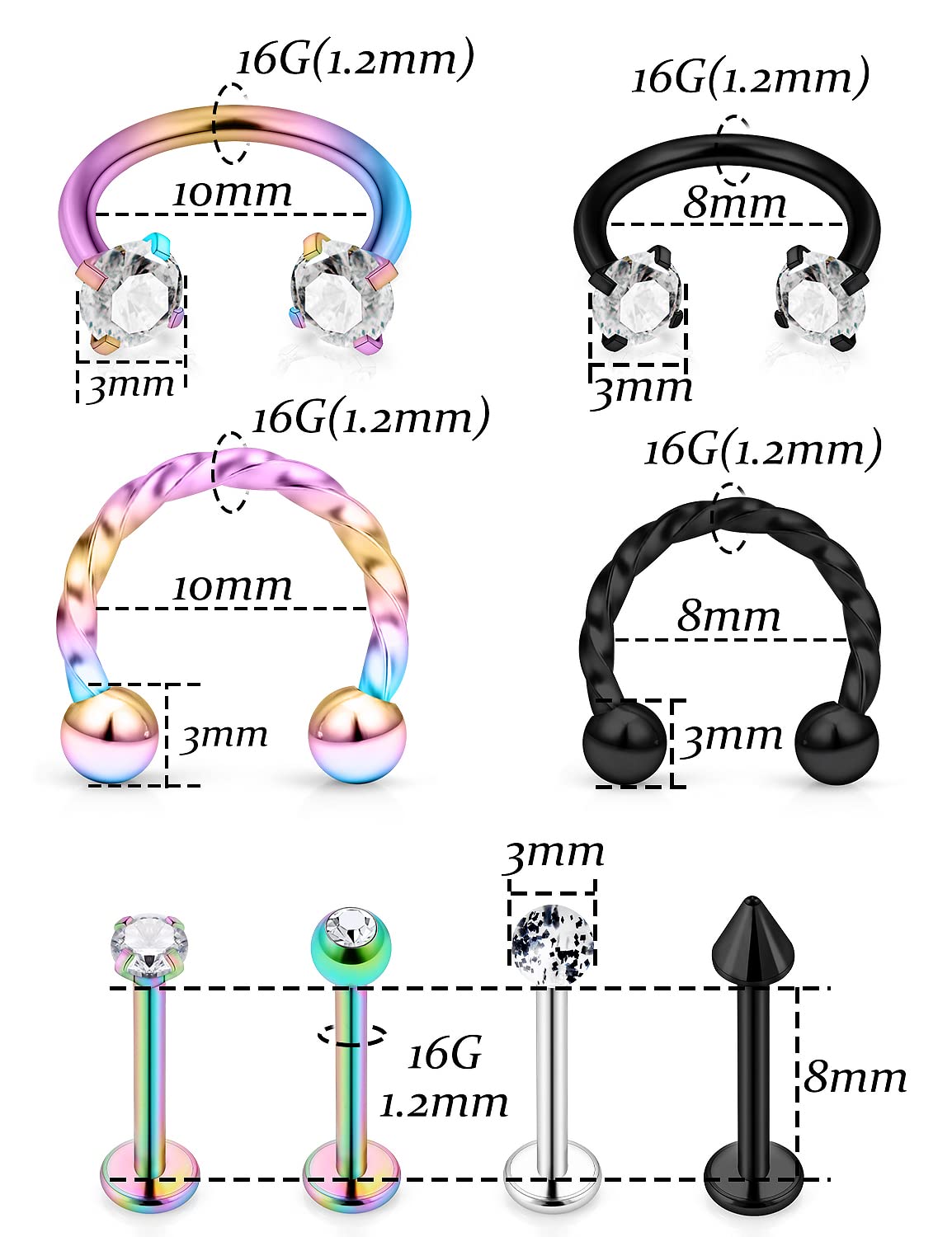 Vsnnsns 16G Lip Rings Stainless Steel Horseshoe Labret Monroe Lip Rings Nail Cartilage Tragus Helix Earrings Studs Septum Ring Medusa Piercing Jewelry Retainer for Women Men Black Rainbow 8mm