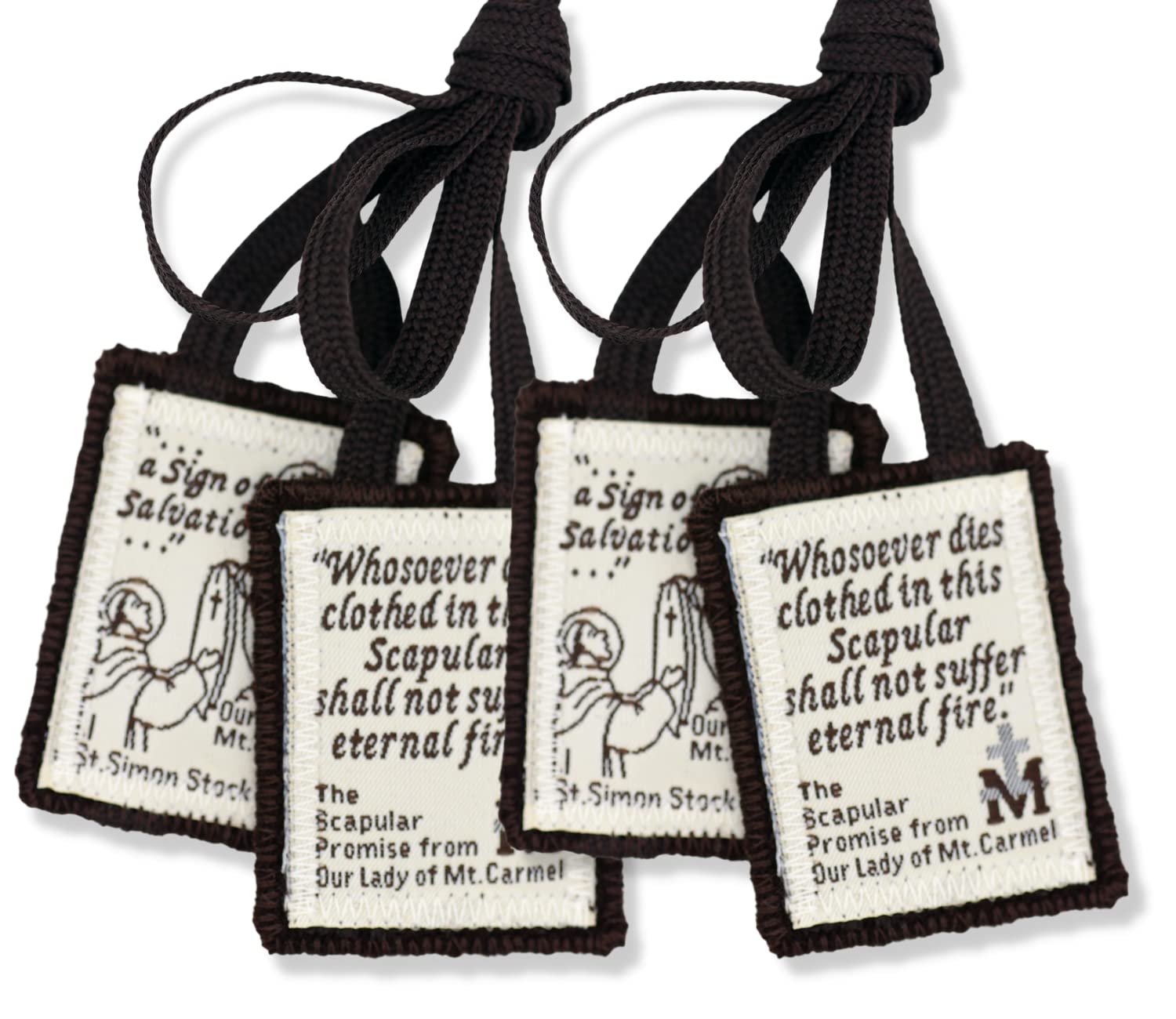 Pack of 2 - Scapulars Catholic Necklace (Traditional Brown Wool, Double Stitched) Our Lady Of Mount Carmel and Saint Simon Stock - Made in the USA