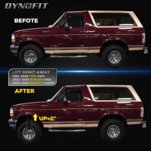 Dynofit Front leveling kit fit 1981-1996 F150 4WD, 1983-1996 Ranger 4WD, 1983-1996 Bronco II 4WD, 2" Lift Spring Spacers with 5/8" Stud Extenders