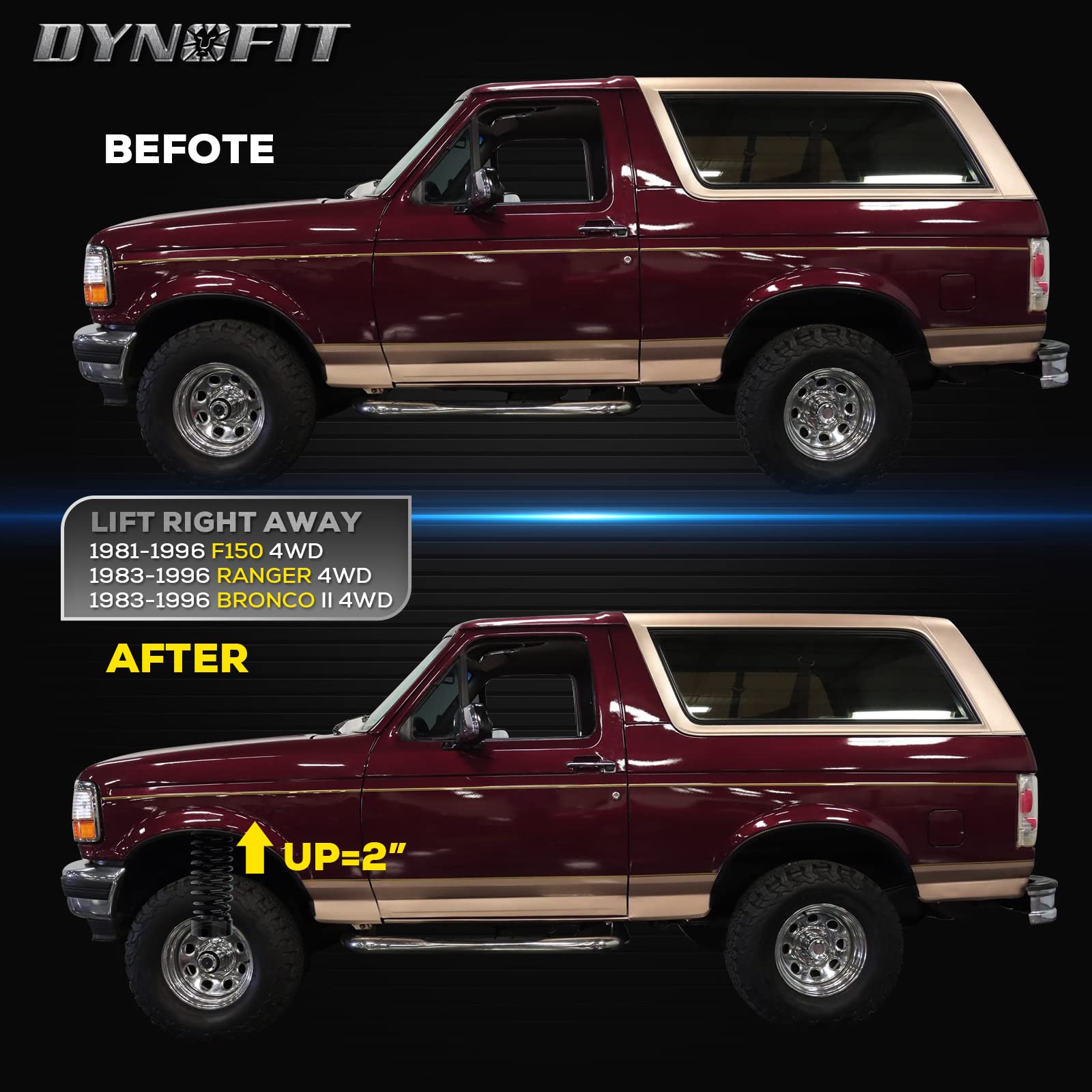 Dynofit Front leveling kit fit 1981-1996 F150 4WD, 1983-1996 Ranger 4WD, 1983-1996 Bronco II 4WD, 2" Lift Spring Spacers with 5/8" Stud Extenders