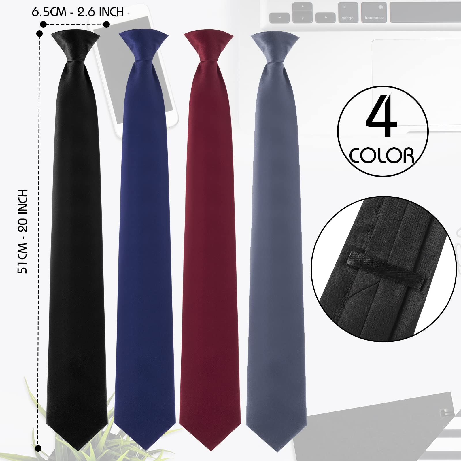 4 Pcs Men's Clip-on Ties Solid Color Men's Tie Pre Tied Clip on Ties for Men Men's Clip on Necktie Men's Button Ties (Black, Grey, Navy Blue, Wine Red)