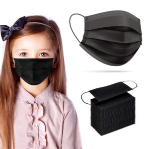 [pack of 100] kids disposable face masks boys and girls 3-ply masks | facial cover with elastic earloops for childcare, school (black)