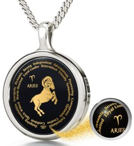 925 sterling silver aries necklace zodiac pendant star sign birthdays 21st march to 19th april jewelry inscribed in 24k gold on black onyx gemstone, 18" rolo chain