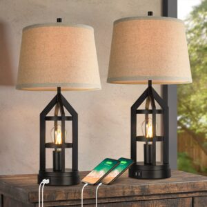 farmhouse table lamps for living room set of 2, 3-way dimmable touch control bedside lamps with 2 usb charging ports, bedroom reading lamps for nightstand, rustic home decor, 4 led bulbs included