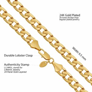 LIFETIME JEWELRY Beveled Cuban Link Curb Chain Necklaces 24k Real Gold Plated (3mm, 6mm & 9.5mm) (22 inches, 9.5mm, Gold)