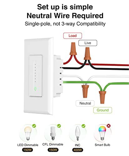 GHome Smart Dimmer Switch Work with Alexa Google Home, Neutral Wire Required 2.4GHz Wi-Fi Switch for Dimming LED CFL INC Light Bulbs, Single Pole, UL Certified, No Hub Required, 2Pack