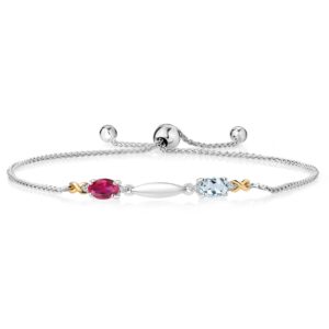 gem stone king 1.04 ct red created ruby sky blue aquamarine 925 silver and 10k yellow gold lab grown diamond bracelet for women