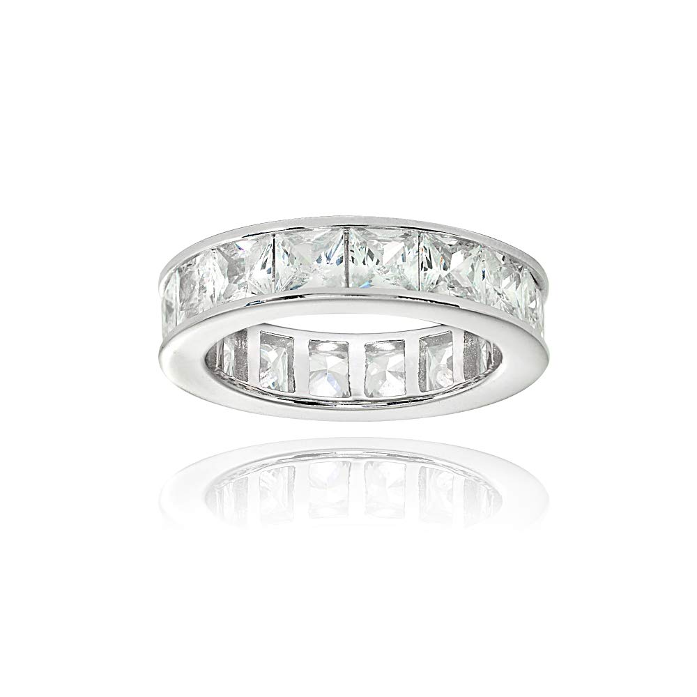 Hoops & Loops 925 Sterling Silver 4mm Princess-Cut Cubic Zirconia Channel Set Eternity Band Ring for Women Teen Girls, Size 8