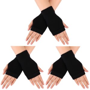 3 pairs fingerless warm gloves with thumb hole cotton half fingerless driving gloves knit mittens for men, women (black)