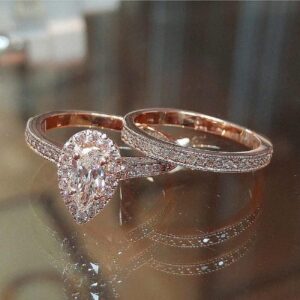 schzbsp 18k rose gold plated classic pear-shaped diamond engagement ring two-piece fashion sterling silver ladies ring exquisite drop-shaped cut cubic zirconia ring female engagement wedding ring (9)