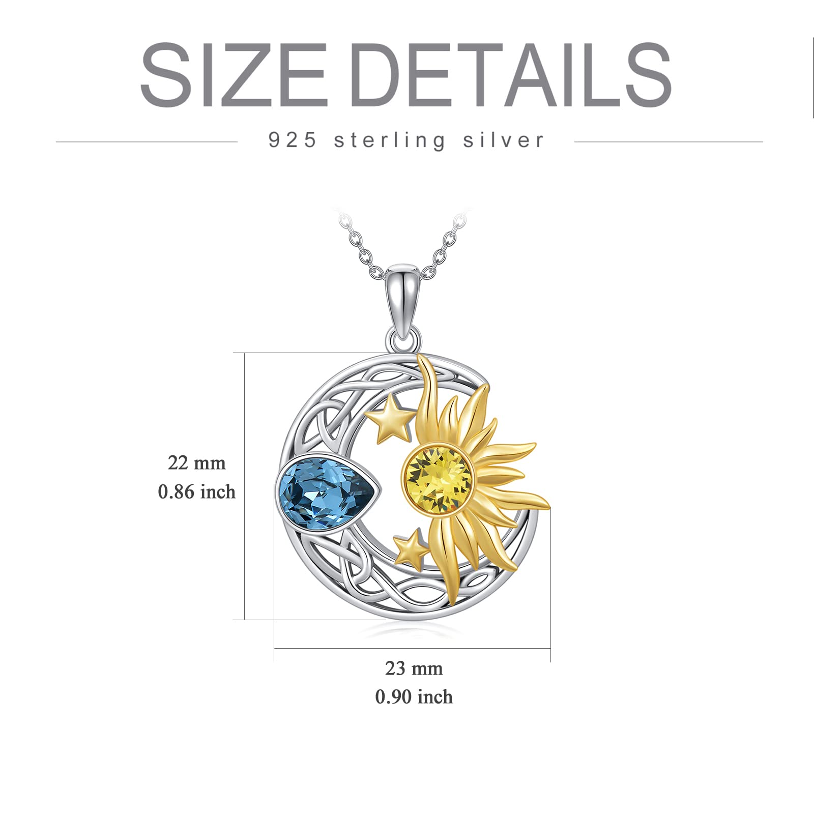 AOBOCO Moon Sun Star Necklace 925 Sterling Silver Celtic Crescent Moon and Sun Pendant Necklace for Women