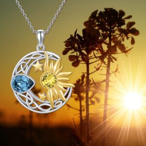 AOBOCO Moon Sun Star Necklace 925 Sterling Silver Celtic Crescent Moon and Sun Pendant Necklace for Women