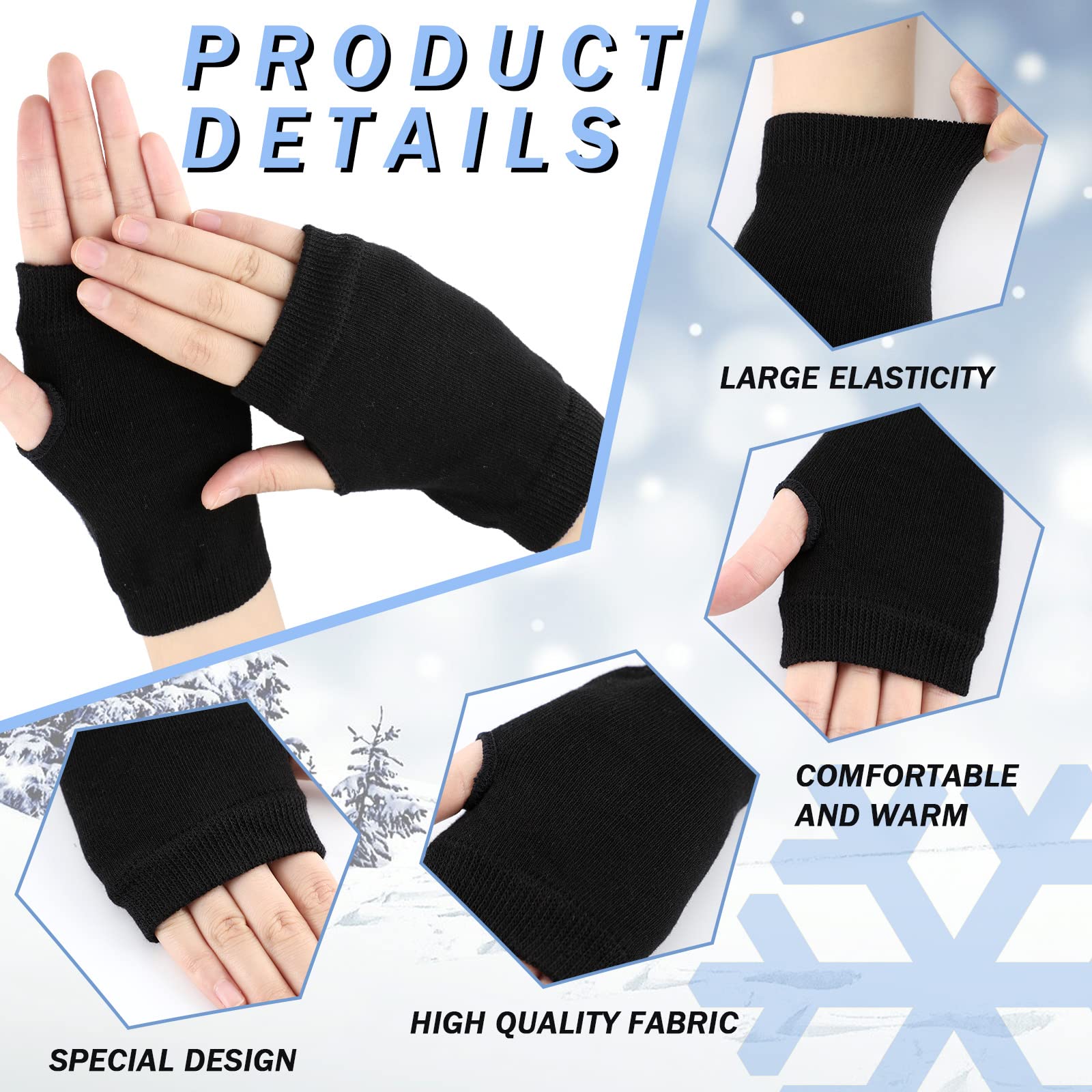 3 Pairs Fingerless Warm Gloves with Thumb Hole Cotton Half Fingerless Driving Gloves Knit Mittens for Men, Women (Black)