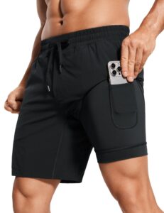 crz yoga men's 2 in 1 running shorts with liner - 7'' quick dry workout sports athletic shorts with pockets black medium