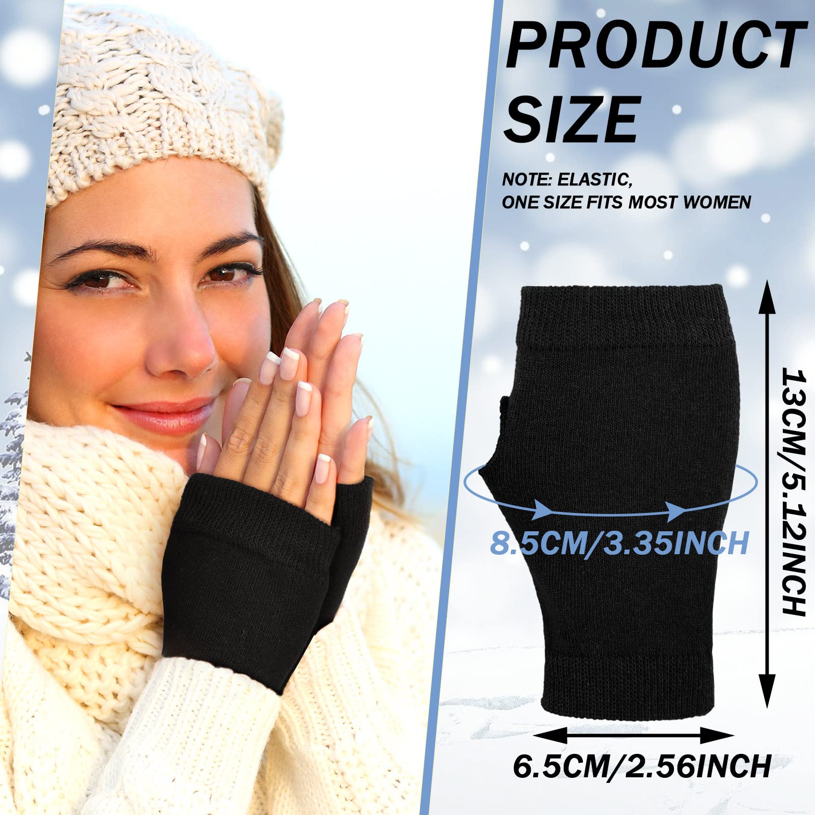 3 Pairs Fingerless Warm Gloves with Thumb Hole Cotton Half Fingerless Driving Gloves Knit Mittens for Men, Women (Black)