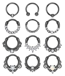 ubjuliwa 12pcs septum jewelry 16g daith earrings hinged hoop nose rings septum clicker cz stainless steel cartilage earring helix tragus daith piercing jewelry 8mm black