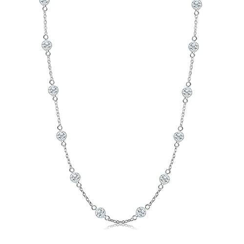 LeCalla 925 Sterling Silver Jewelry Italian Design Round Cubic Zirconia CZ Station Necklace Cable Chain Statement Necklace for Women 18 Inches.