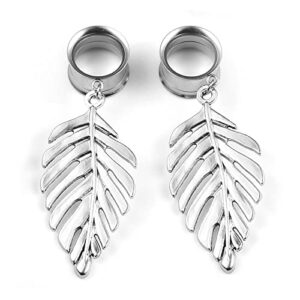 Pierced Republic Hanging Metal Feather Ear Gauges - Pair of Stainless Steel Screw-On Plugs - 6 Size Options (9/16" (14mm))