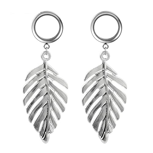 Pierced Republic Hanging Metal Feather Ear Gauges - Pair of Stainless Steel Screw-On Plugs - 6 Size Options (9/16" (14mm))