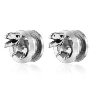 pierced republic t-rex ear gauges - pair of stainless steel screw-on plugs - 6 size options (00 gauge (10mm))