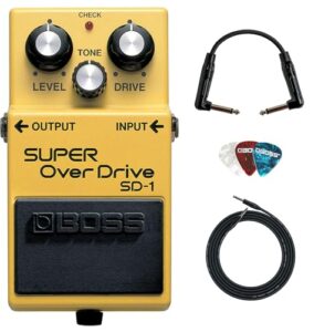 boss sd-1 super overdrive bundle with 10ft instrument cable, patch cable, and picks