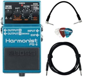 boss ps-6 harmonist bundle with 10ft instrument cable, 6in patch cable, and picks