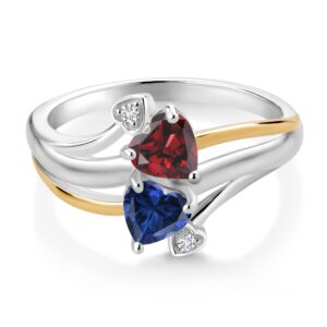 Gem Stone King 925 Silver and 10K Yellow Gold Red Garnet Blue Created Sapphire & Lab Grown Diamond 2 Heart Promise Couple Engagement Mother Ring (1.12 Cttw, Available In Size 5, 6, 7, 8, 9)