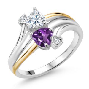 gem stone king 925 sterling silver and 10k yellow gold purple amethyst lab grown diamond and white moissanite 2 heart promise engagement mother ring (0.86 cttw, available in size 5, 6, 7, 8, 9)