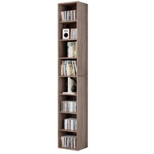 pupl 8-tier media tower rack, cd dvd storage organizer cabinet with adjustable shelves, 11.6 x 9.3 x 70.9 inches slim wood look bookshelf display bookcase for home office, oak