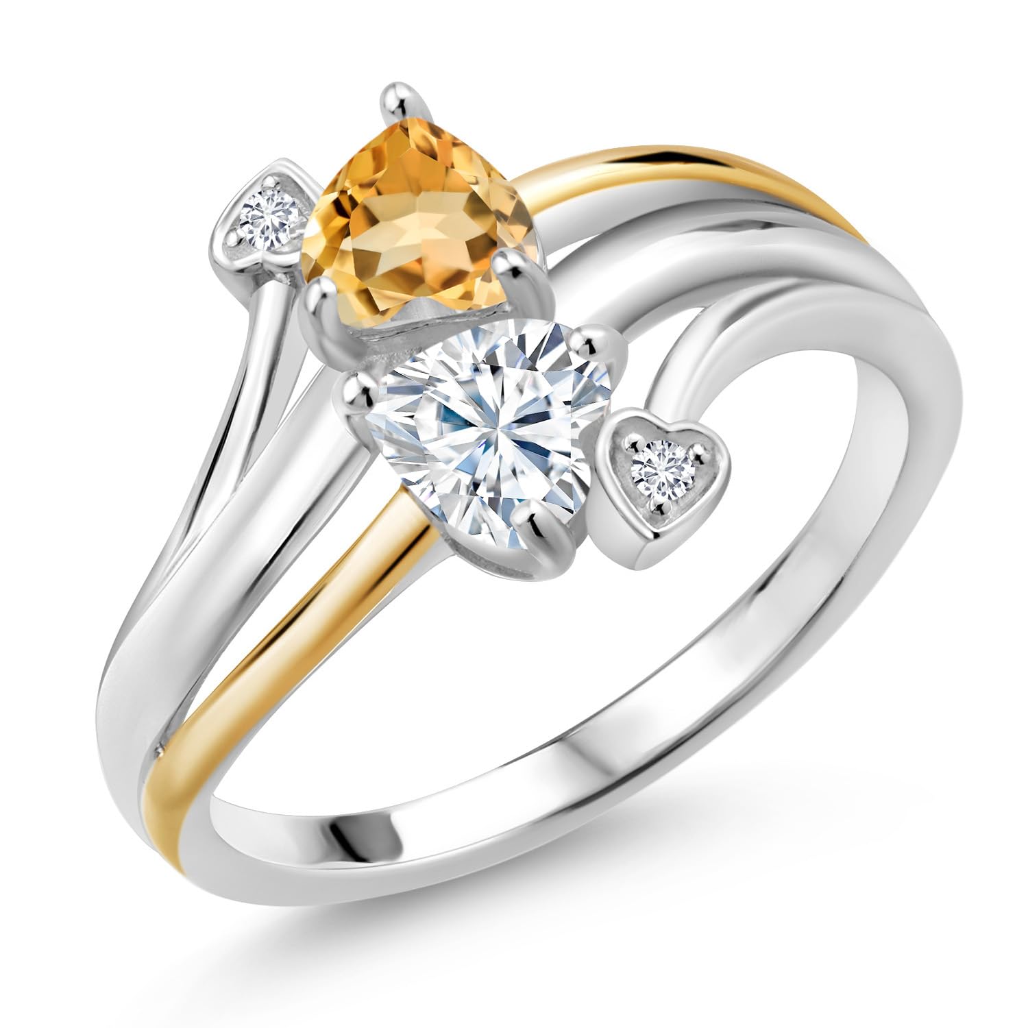 Gem Stone King 925 Sterling Silver and 10K Yellow Gold Citrine Moissanite and Lab Grown Diamond 2 Heart Promise Engagement Mother Ring (0.90 Cttw, Birthstone, Available In Size 5, 6, 7, 8, 9)