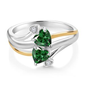 Gem Stone King 925 Silver and 10K Yellow Gold Green Nano Emerald and White Lab Grown Diamond 2 Heart Promise Couple Engagement Mother Ring For Women (1.02 Cttw, Available In Size 5, 6, 7, 8, 9)