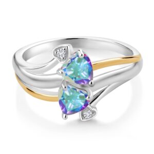 Gem Stone King 1.14 Ct Mercury Mist Mystic Topaz 925 Silver and 10K Yellow Gold 2 Heart Promise Couple Engagement Mother Lab Grown Diamond Ring (Size 8)