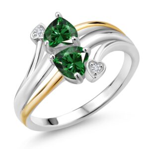 gem stone king 925 silver and 10k yellow gold green nano emerald and white lab grown diamond 2 heart promise couple engagement mother ring for women (1.02 cttw, available in size 5, 6, 7, 8, 9)